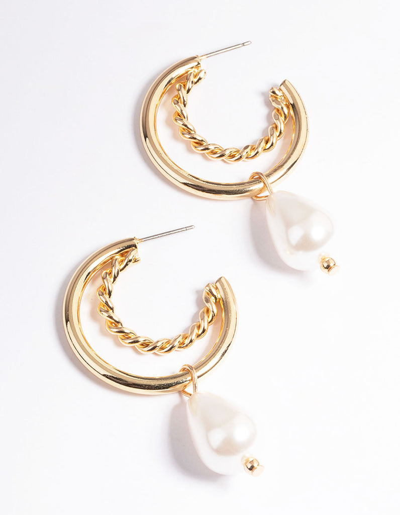 Gold Plain & Twist Pearl Hoop Earrings - Lovisa