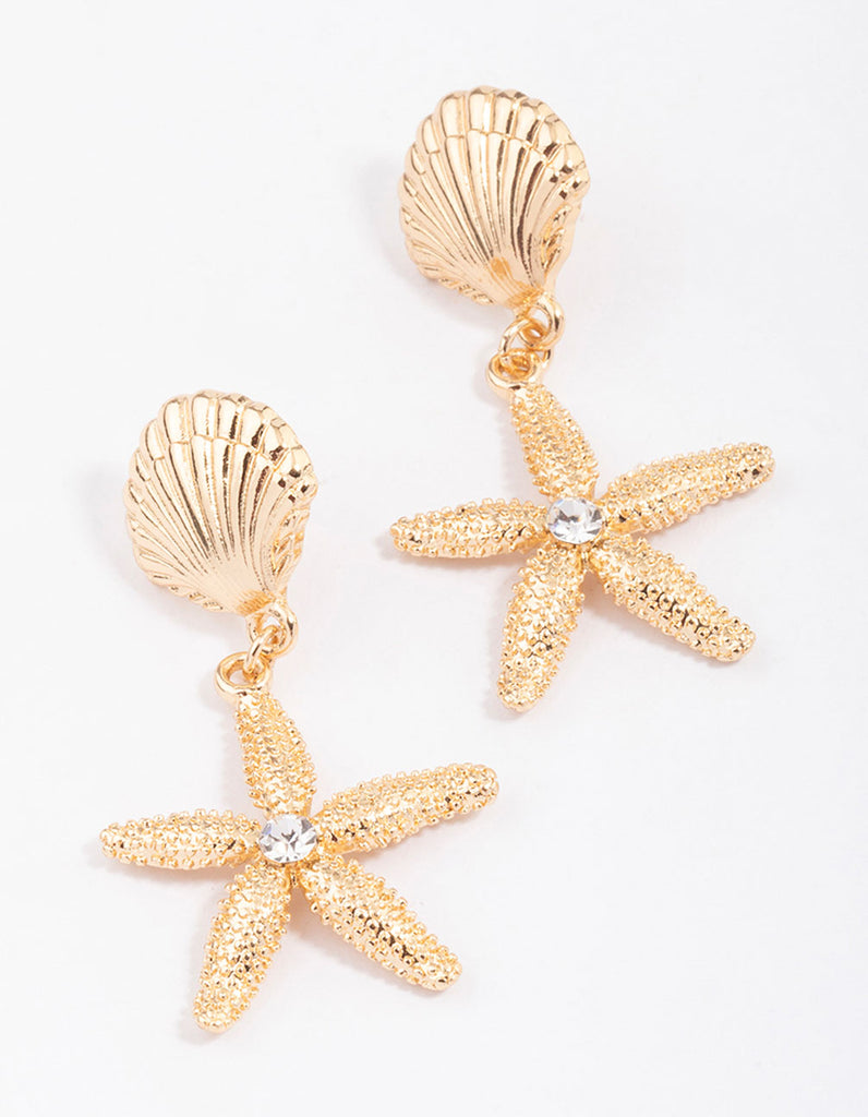 Gold Textured Shell & Starfish Drop Earrings - Lovisa