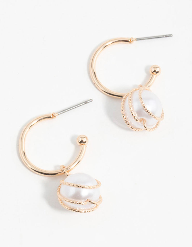 Gold Pearl Wire Wrapped Hoop Earrings - Lovisa