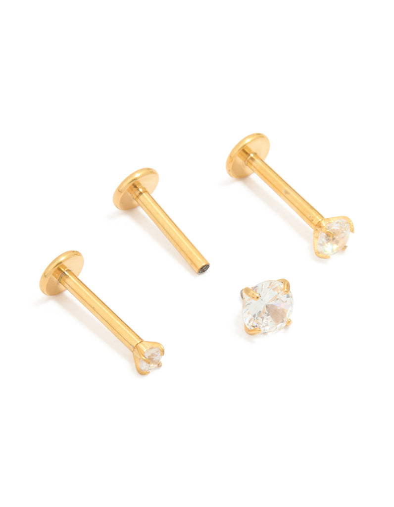 Gold Plated Titanium Cubic Zirconia & Plain Flat Back Studs 3-Pack - Lovisa