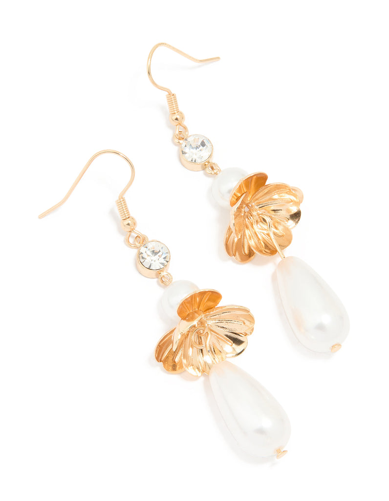 Gold Pearl Teardrop Flower Drop Earrings - Lovisa