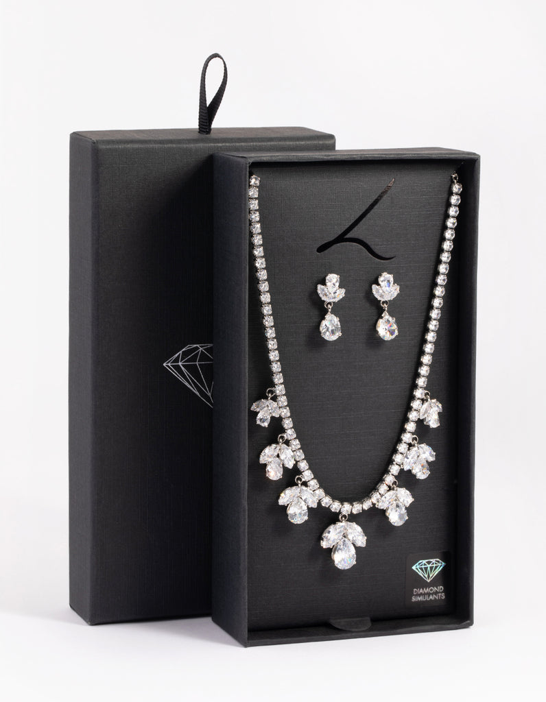 Silver Diamond Simulant Flower Necklace & Earrings Set - Lovisa