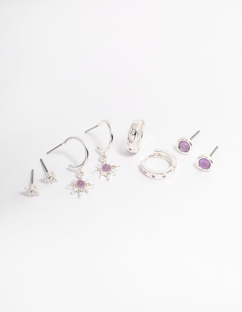 Silver Amethyst Starburst Stacker Earrings - Lovisa