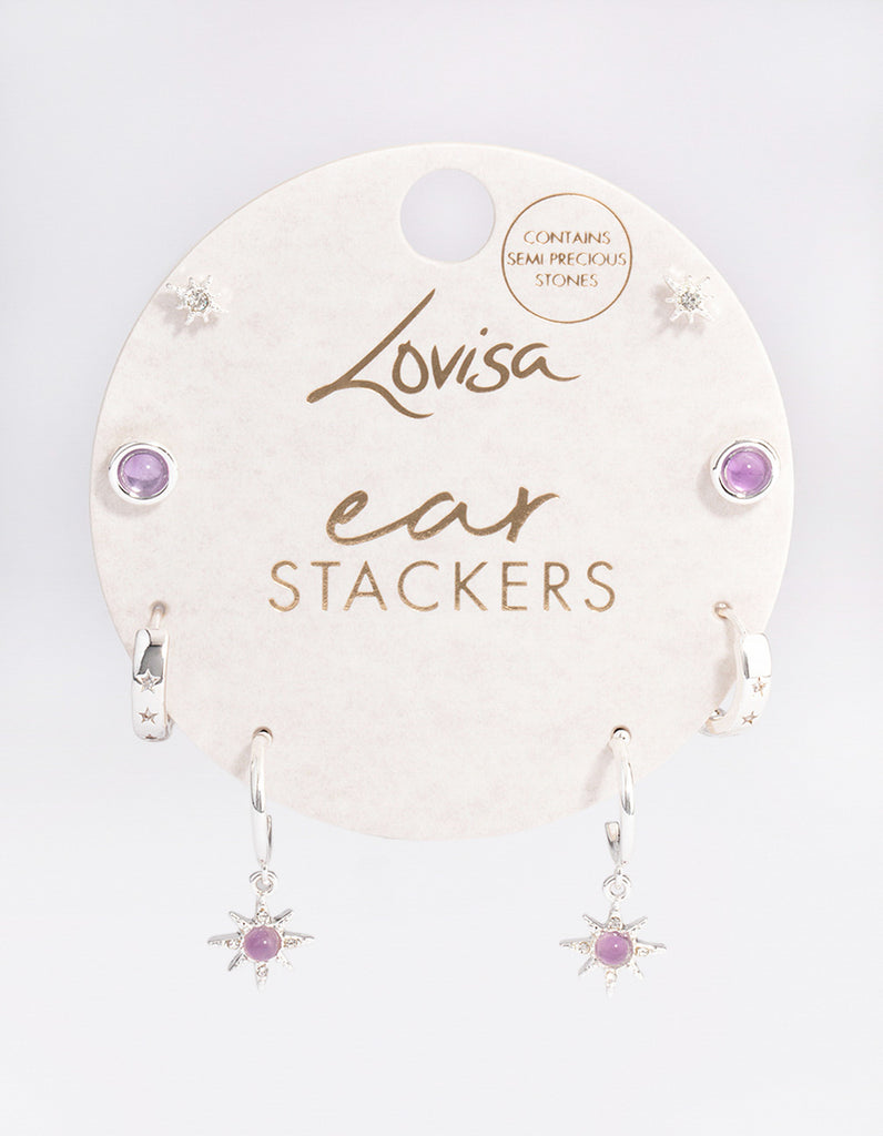 Silver Amethyst Starburst Stacker Earrings - Lovisa