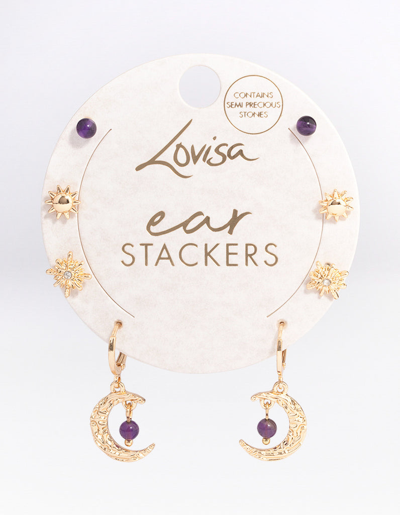 Gold Amethyst Mixed Star & Moon Stacker Earrings - Lovisa