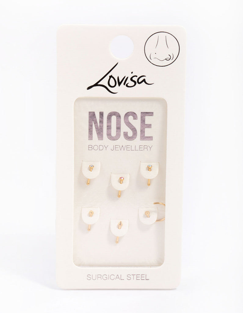 Gold Plated Surgical Steel Nail & Arrow Nose Ring 6-Pack - Lovisa