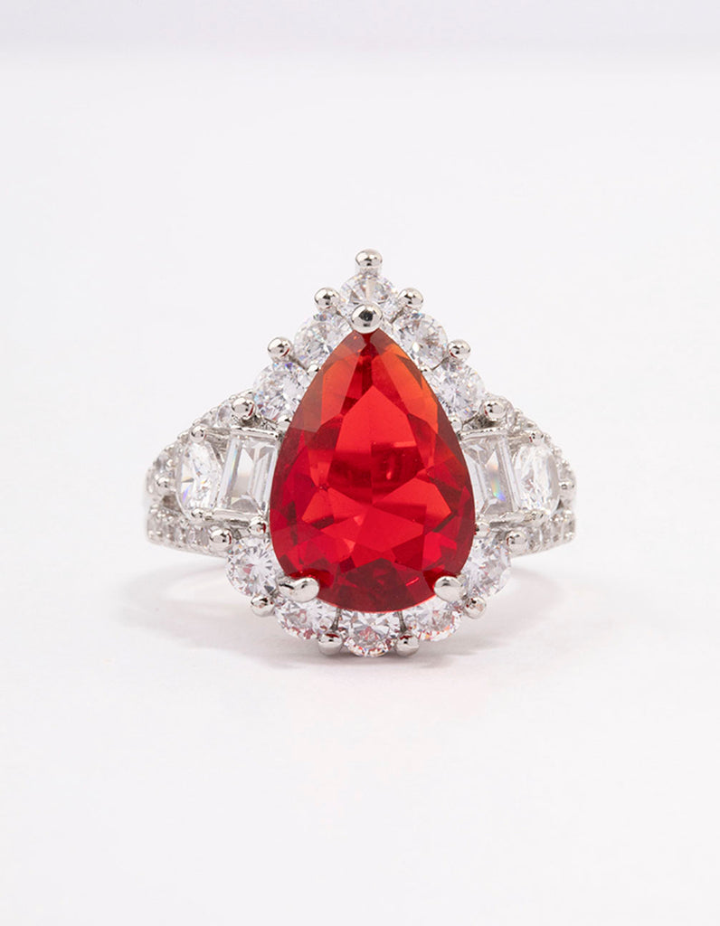 Silver Red Pear Cubic Zirconia Cocktail Ring - Lovisa