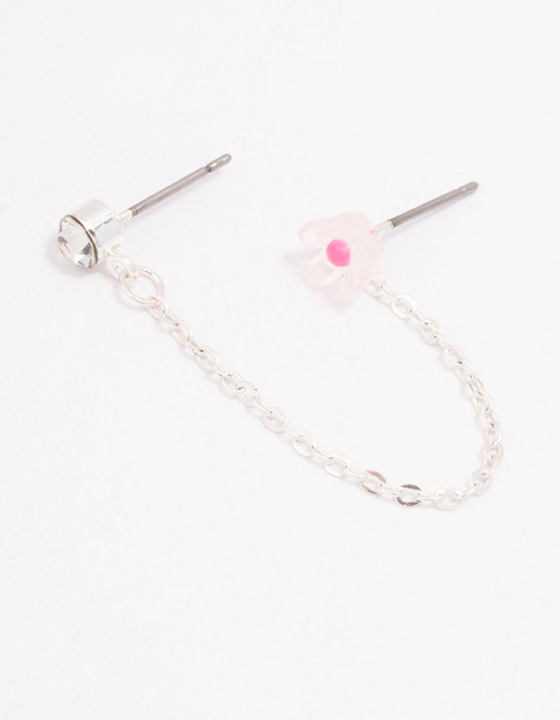Pink Flower Diamante Stud Chain Earrings - Lovisa