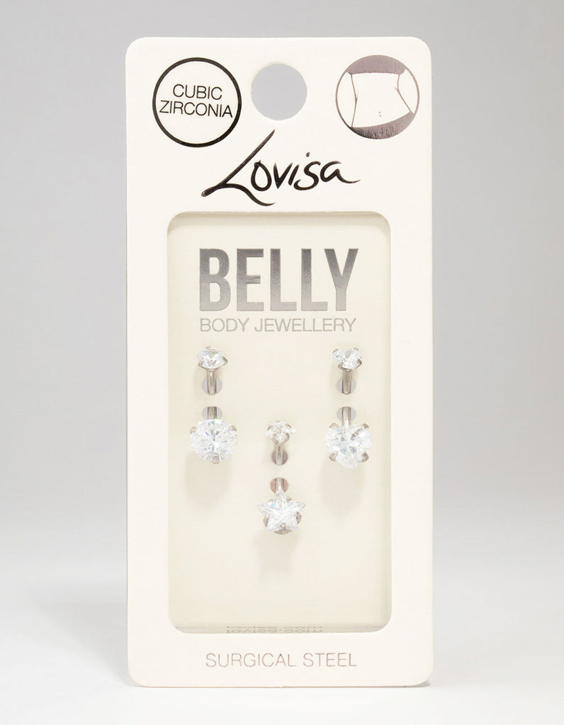 Surgical Steel Star & Heart Crystal Belly Piercing 3-Pack - Lovisa
