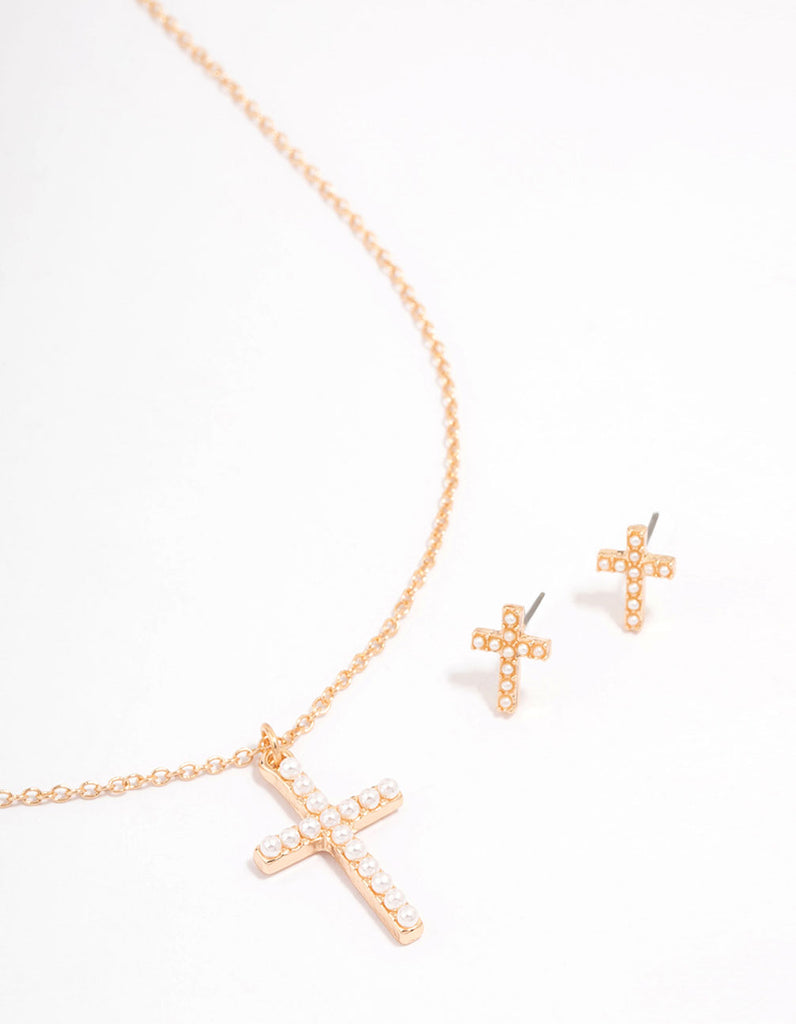 Gold Pearl Cross Jewellery Set - Lovisa