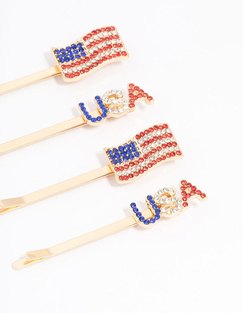 Gold USA American Flag Hair Clip 4-Pack - Lovisa