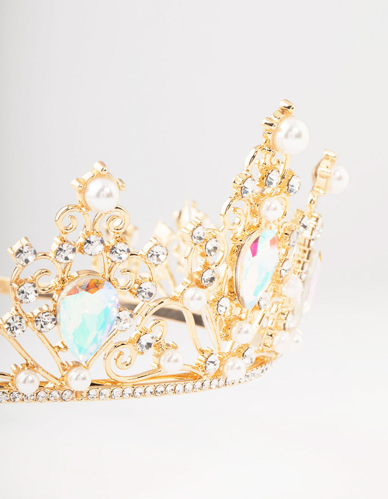 Gold Pear Shaped Stones & Pearls Tiara - Lovisa