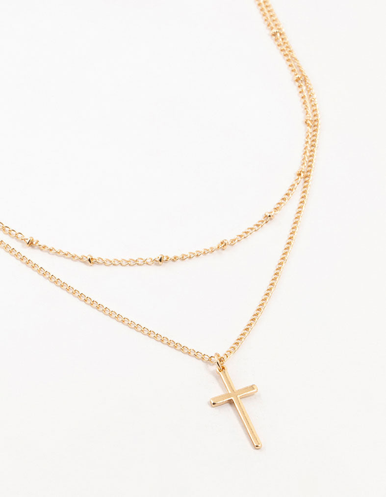 Gold Ball Chain & Cross Layered Necklace - Lovisa