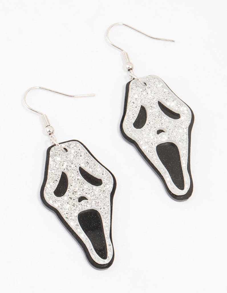 Acrylic Silver & Black Glitter Ghost Face Drop Earrings - Lovisa