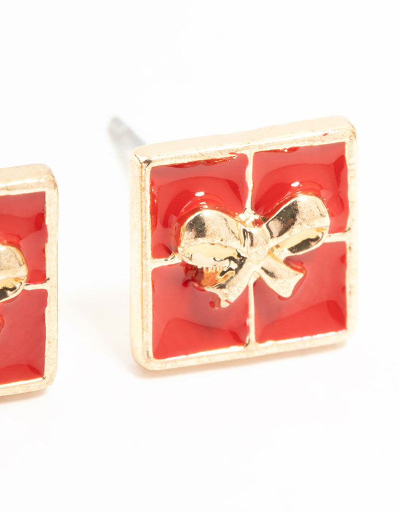 Red Enamel Present Gold Stud Earrings - Lovisa