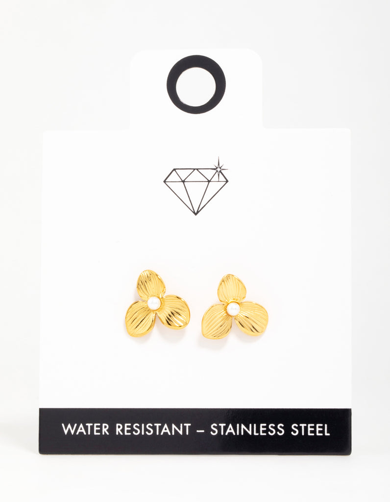 Waterproof Gold Plated Stainless Steel Pearl Flower Stud Earrings - Lovisa