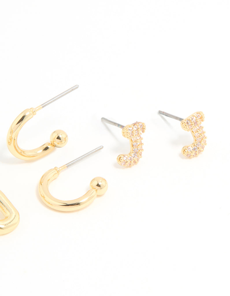Gold Plated Cubic Zirconia Letter J Stud & Hoop Earrings 4-Pack - Lovisa