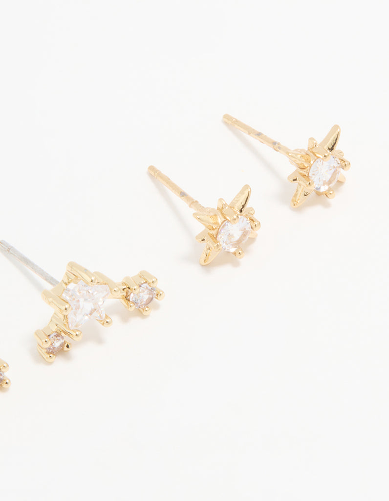 Waterproof Gold Plated Stainless Steel Celestial Stacker Earrings 3-Pa ...