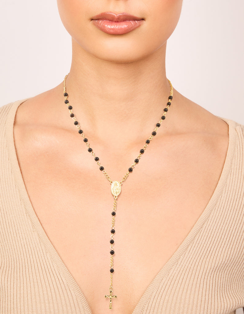 Gold Plated Black Onyx & Cross Lariat Necklace - Lovisa