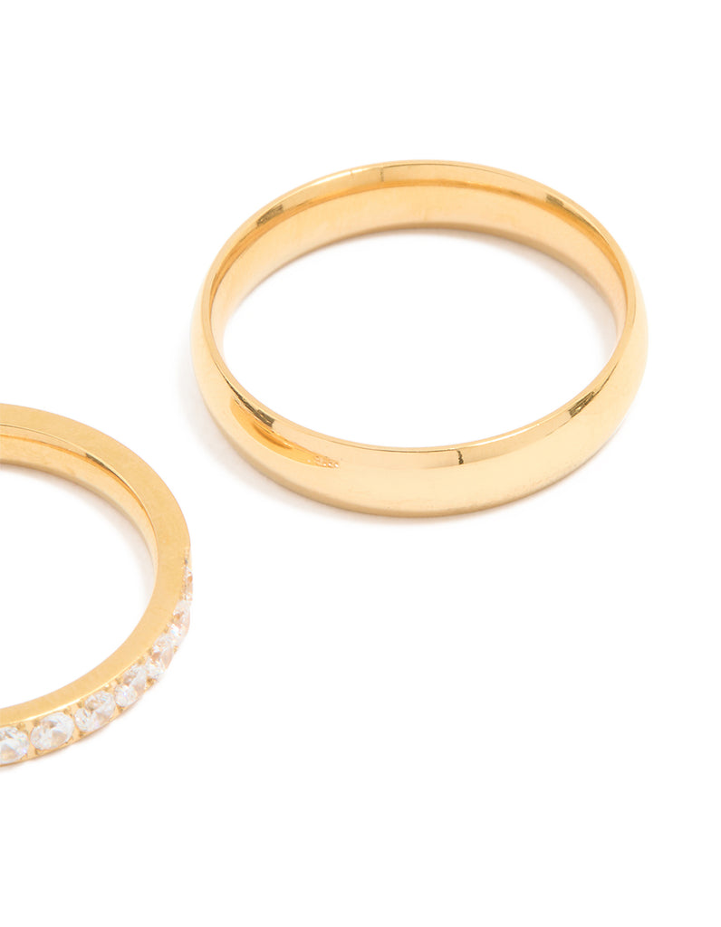 Waterproof Gold Plated Stainless Steel Diamante & Smooth Rings 2- Pack ...