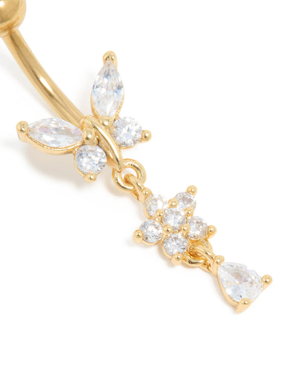 Gold Plated Surgical Steel Cubic Zirconia Butterfly Flower Drop Belly ...