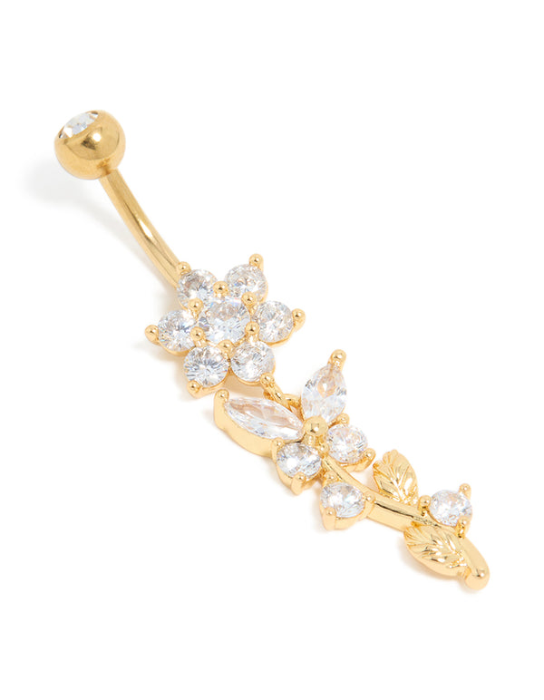 Gold Plated Cubic Zirconia Large Flower Vine Drop Belly Bar - Lovisa