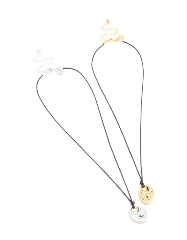 Mixed Metal Plated Organic Oval Black Cord Necklaces 2-Pack - Lovisa