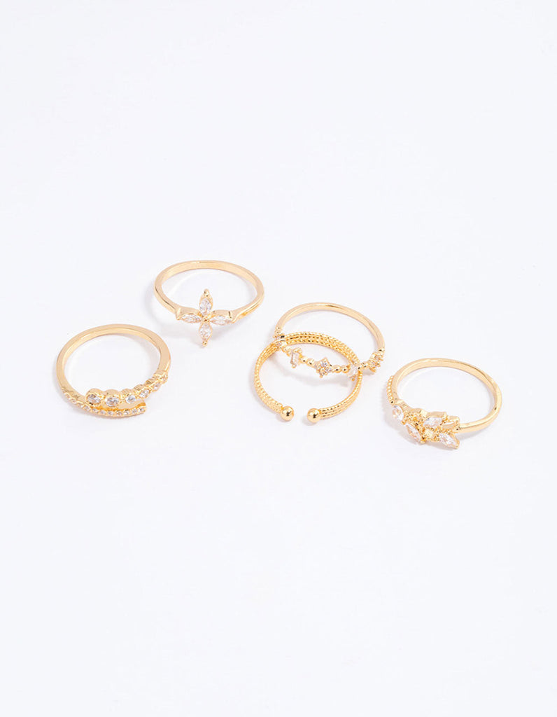 Gold Plated Cubic Zirconia Leafy Mixed Ring 5-Pack - Lovisa