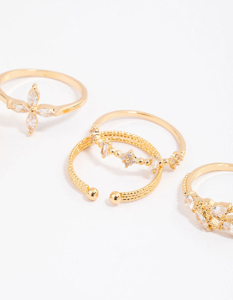 Gold Plated Cubic Zirconia Leafy Mixed Ring 5-Pack - Lovisa